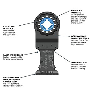 BOSCH OSL114C-10 10-Pack 1-1/4 In. Starlock Oscillating Multi Tool Metal & More Carbide Extreme Plunge Cut Blades for Cutting Iron Bar, Metal, Wood with Nails, Drywall and Tile