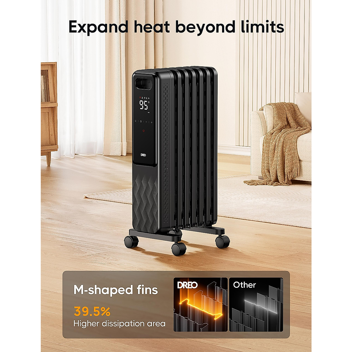 Dreo Oil Filled Radiator, Electric Radiant Heaters for indoor use Large Room with Remote Control, Child Lock, 4 Modes, Overheat & Tip-Over Protection, 24h Timer, Digital Thermostat, Quiet, 1500W