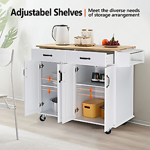 VINGLI Kitchen Island Cart with Storage on Wheels White Rolling Coffee Bar Trolley Buffet Cabinet with 4 Doors and 2 Drawers, Towel Handle, Spice Rack, Solid Wood Top, Lockable Castors