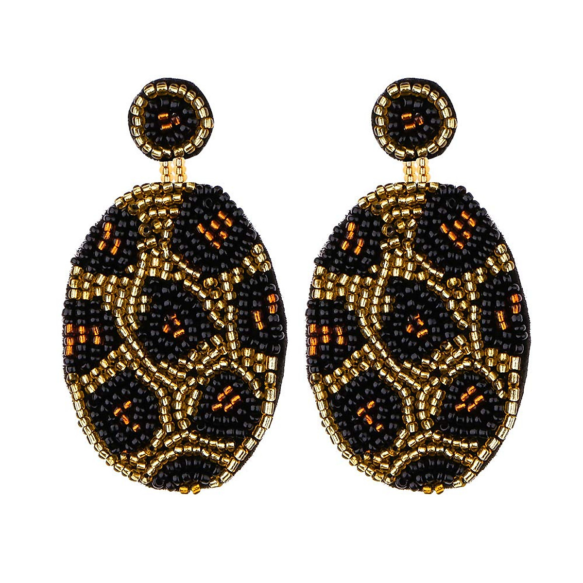 Women's Boho Handmade Beaded Drop Dangle Earrings Oval Leopard Bohemian Statement Jewelry (Gold)