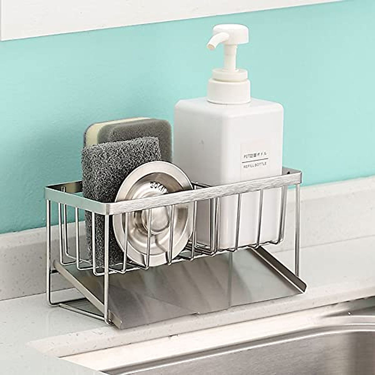 AUTO REVIVO [Upgraded] Sponge Holder for Kitchen Sink, Stainless Steel Sponge Rack with Auto Overflow, Multifunctional Kitchen Sink Caddy Organizer, Soap Dish Dispenser Brush Holder