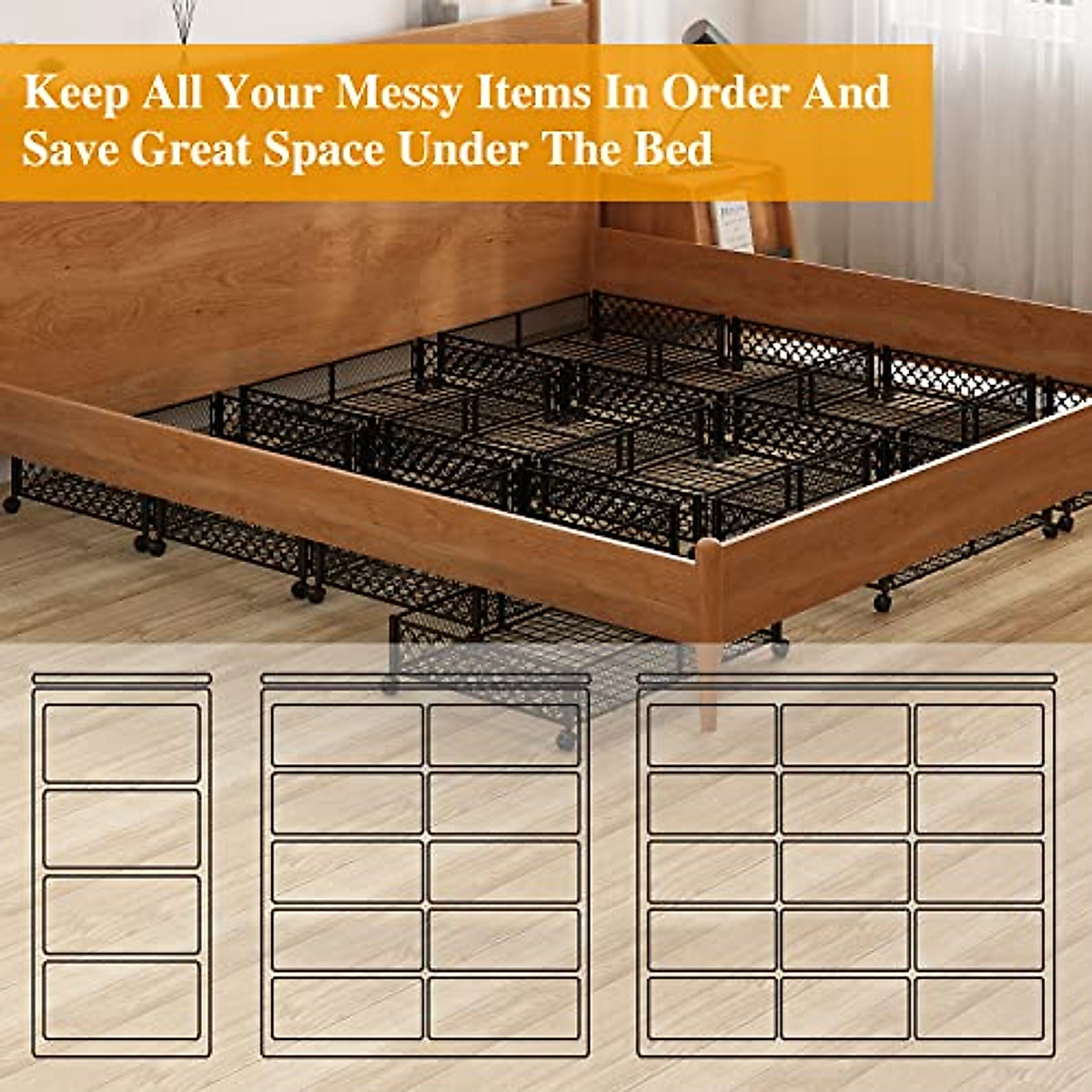 GILLAS 2 Pack Under Bed Storage Containers, Foldable Bedroom Storage Organizer Drawer with Wheels, Under Bed Shoe Storage Drawer For Clothes, Blankets And Shoes, Black