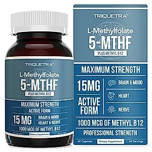 L Methyl Folate 15mg plus Methyl B12 Cofactor - Professional Strength, Active 5-MTHF Form - Supports Mood, Methylation, Cognition – Bioactive forms of Vitamin B9 & B12 (60 Capsules)