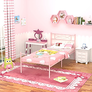 Pink Twin Bed Frame for Girls,Mattress Foundation Support with Headboard and Footboard No Box Spring Need Metal Platform Bed