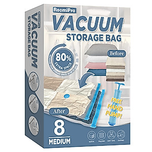 RoomiPro Space Saver Vacuum Storage Bags, 8 Medium Vacuum Sealer Bags with Pump, Storage Vacuum Sealed Bags for Clothing, Comforters, Blanket Storage, Bedding
