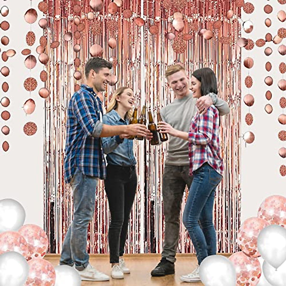 Rose Gold Party Decorations,Glitter Rose Gold Circle Dots Garland ,Fringe Curtain,Balloons,Paper Polka Dots Hanging Streamer String Bunting Banner Backdrop Decor for Birthday,Valentine,Wedding Party