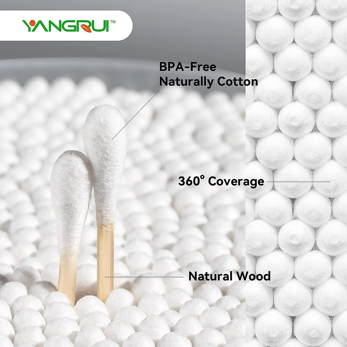 YANGRUI Cotton Swab, 375 Count Wooden Stick BPA Free Naturally Pure Double Round Ear Swabs White Cotton Buds (Pack of 1)