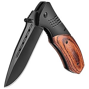 KEXMO Pocket Knife for Men - 3.46" Sharp Blade Wood Handle Pocket Folding Knives with Clip, Glass Breaker - EDC Knives for Survival Camping Fishing Hiking Hunting Gift Women, Black