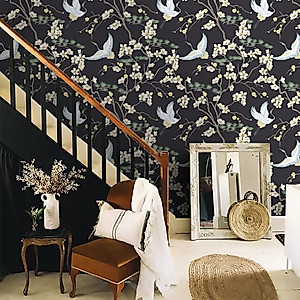 Micpolo Peel and Stick Wallpaper Black Floral Contact Paper Flowers and Birds Wall Paper Self Adhesive and Removable 16.1"x78"