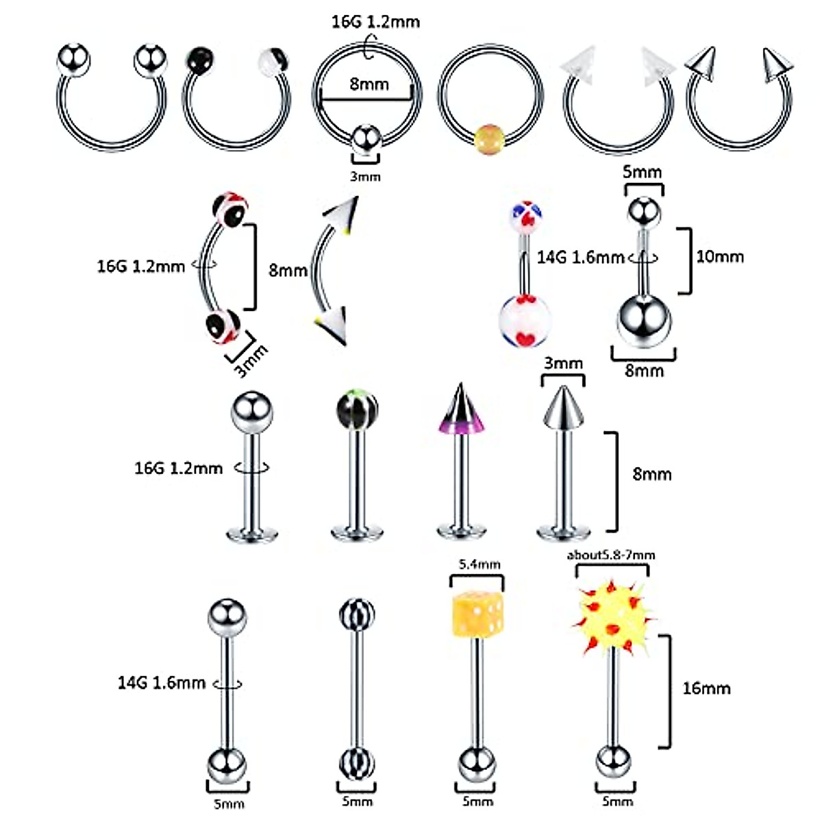 Xpircn 120PCS Piercing Jewelry Kit Piercing Needles Stainless Steel Acrylic 14G 16G Nose Septum Horseshoe Lip Tongue Eyebrow Tragus Belly Tongue Nipple Barbell Rings Tool Kit