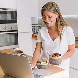 QQKO Microwavable Portable Insulated Food Lunch Container Set with Lunch Box, 4 Separate Stackable Lunch Container for Adult Kids Men Women, 66 Oz/8.25 Cup, Brown