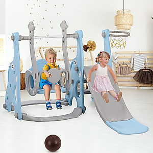 LANGYI Children's Four in One Slide Swing，with Basketball Frame and Ball Extra Long Slide，Children's That Can Be Installed at Will Indoor Outdoor Garden (Blue)