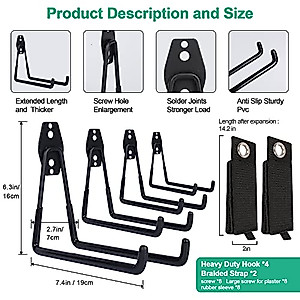 4 Pack Garage Hooks, Wall Hooks Heavy Duty, with 2 Extension Cord Storage Straps, Bike Hooks for Hanging Garage Wall, Garden Lawn Tools, Ladder, Hose Storage Rack Organizer