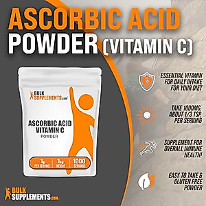 BulkSupplements.com Ascorbic Acid Powder - Vitamin C Supplement, Ascorbic Acid Food Grade - Powdered Vitamin C, Immune Support - Gluten Free, 1g per Serving, 1kg (2.2 lbs) (Pack of 1)