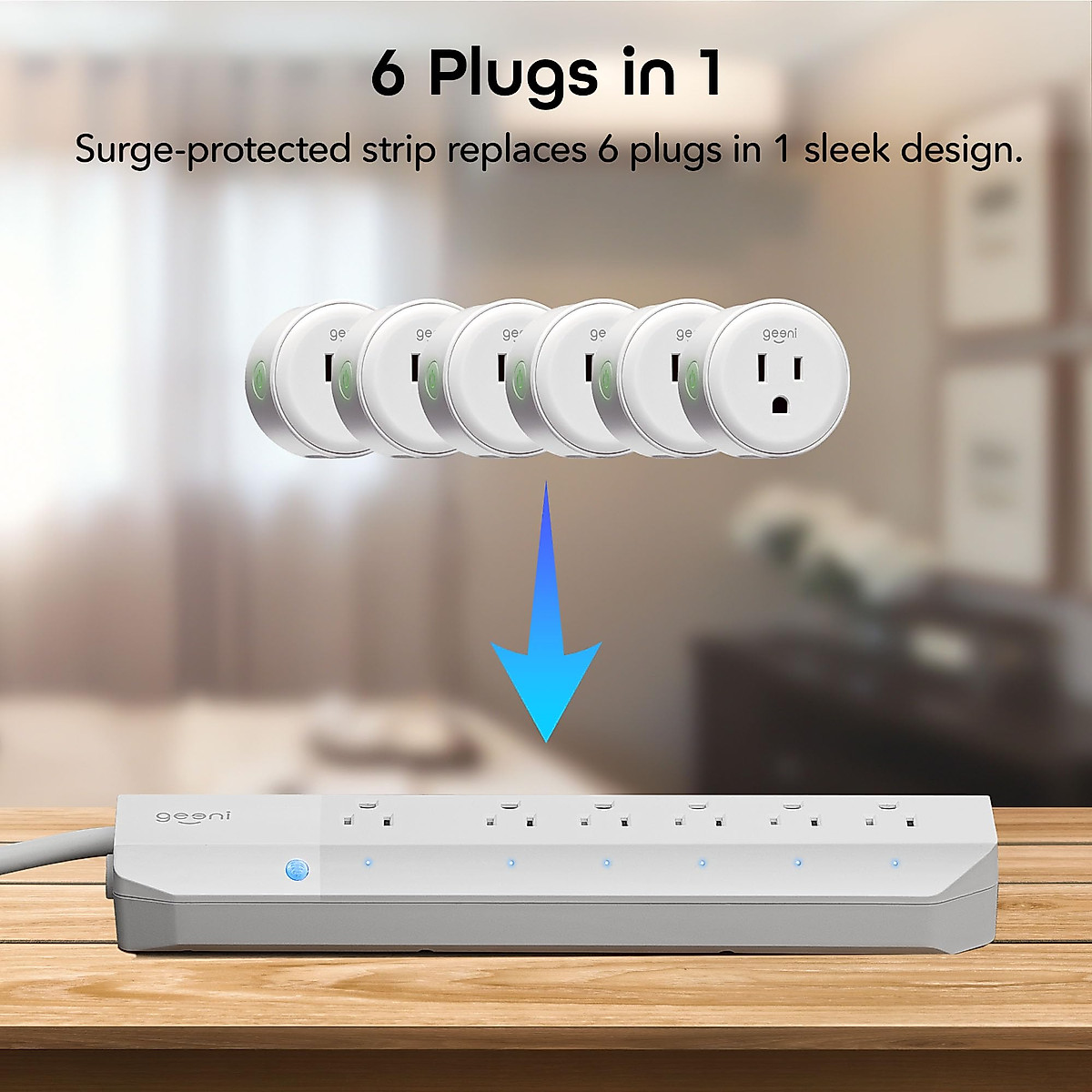 Geeni Surge 6-Outlet Smart Extension Cord, Surge Protector and Cord Extender, Works with Alexa, Google Assistant, Requires 2.4 GHz WiFi, 3 Feet