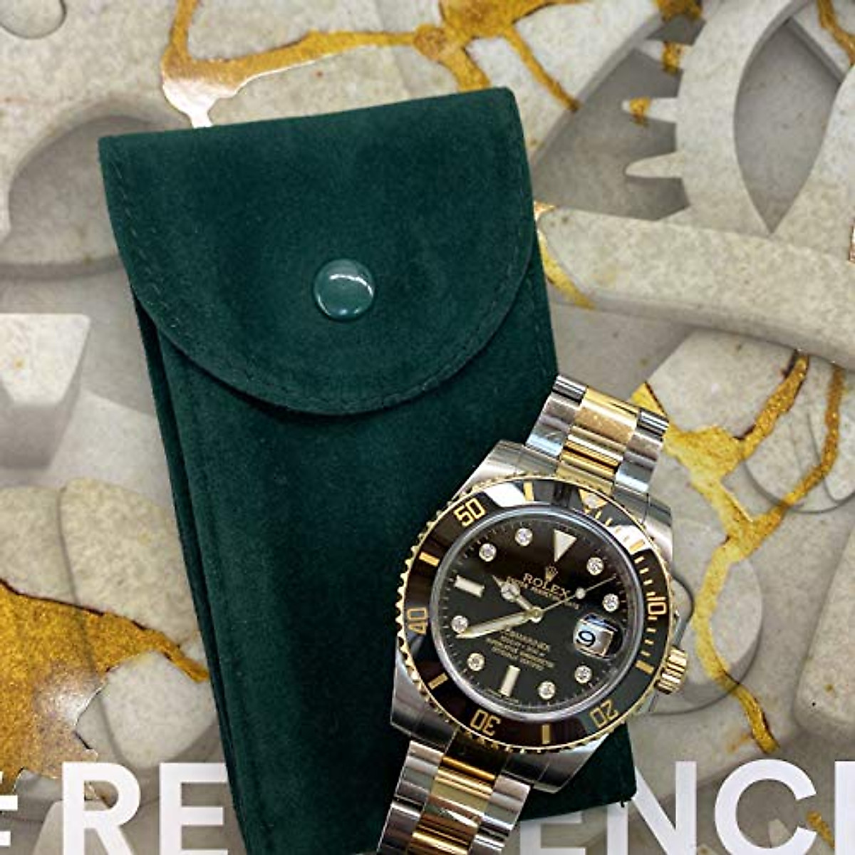 Green Velvet Watch Pouch w/Insert and Premium Microfiber Cloth 5-pack