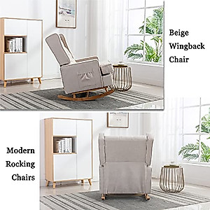 Dolonm Nursery Rocking Chair Upholstered Mid Century Modern Rocker Oversized Wingback Armchair for Living Room with Solid Wood Base (Beige)