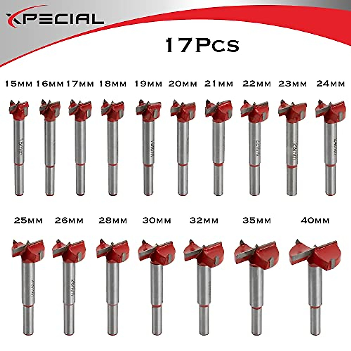 XPECIAL Forstner Bit Set 17 Pcs, 15-40mm Carbide Tipped Drill Bit Set, Wood Working Drilling Bits Sets, Red Anti-Rust and Anti-Corrosion Spray Paint Process