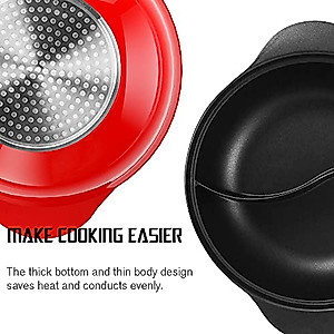 Hot Pot with Divider for Induction Cooker Dual Sided Soup Cookware Two-flavor Chinese Shabu Shabu Pot for Home Party Family Gathering, 4.5 Quart (Red)