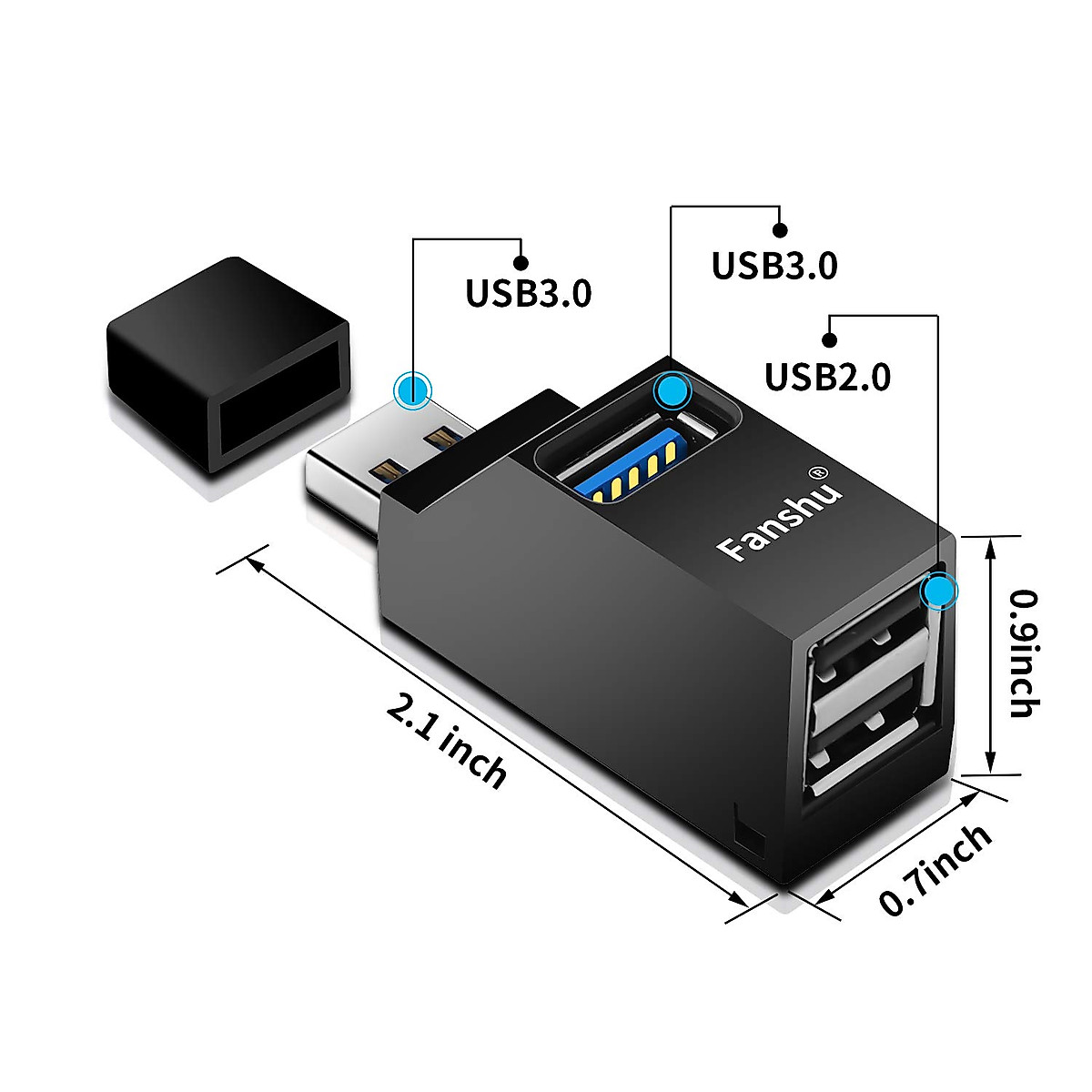 USB 3.0 Hub, Fanshu 3 Port Mini Portable Fast High Speed Bus Powered Data USB Hub Transfer, Splitter Box Adapter Expansion for PC Notebook Laptop Computer Mac Linux Windows