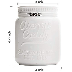 MyGift Farmhouse White Ceramic Mason Jar Utensil Holder with Embossed Design, Decorative Flatware Display Jars, Set of 3