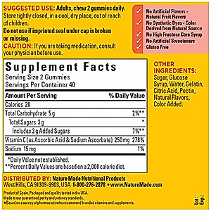 Nature Made Vitamin C 250 mg per serving, Dietary Supplement for Immune Support, Gummy 80 Count (Pack of 1), 40 Day Supply