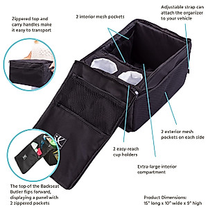 J.L. Childress Backseat Butler Car Seat Organizer - Cup Holders and Storage for Front, Back, Passenger Seats, Trunk - Travel Roadtrip Organization - Extra Large Size - 10 Pockets - Black