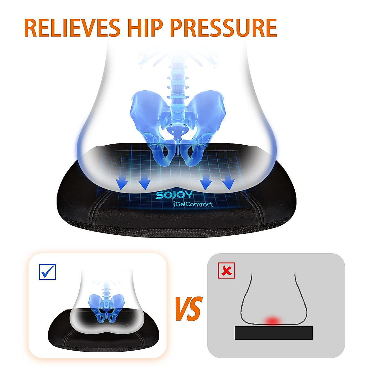 Sojoy Gel Seat Cushion for Office Chair Memory Foam Car Seat Cushion Non-Slip Coccyx Cushion for Relief and Comfort