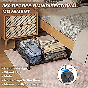 Yoz&Papa Under Bed Storage Containers, Under Bed Storage With Wheels, Tool-free Assembly Metal Underbed Storage Containers With Dustproof Storage Bag For Clothes, Shoe Organizer Under Bed Drawer (Black(1 Pack))