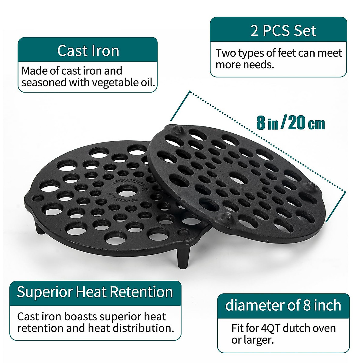 IPROUDER Cast Iron Trivet 2 PCS Set, 8-inch, Meat Rack, Cast Iron Grate for Dutch Ovens, Raise Food in Dutch Oven, Used as Burner Diffuser, Use Directly on Camp Fire, Used as Trivet on Table