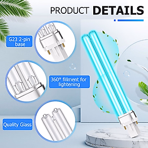 Qualirey 2 Pcs 9W UV Light Bulb Compatible with D200 Air Purifier, Air Purifier Whole House UV Light for R18, R18D R2000 Induct Air Purifier, UVC G23 2 Pin Base HVAC UV Light Bulb Replacement