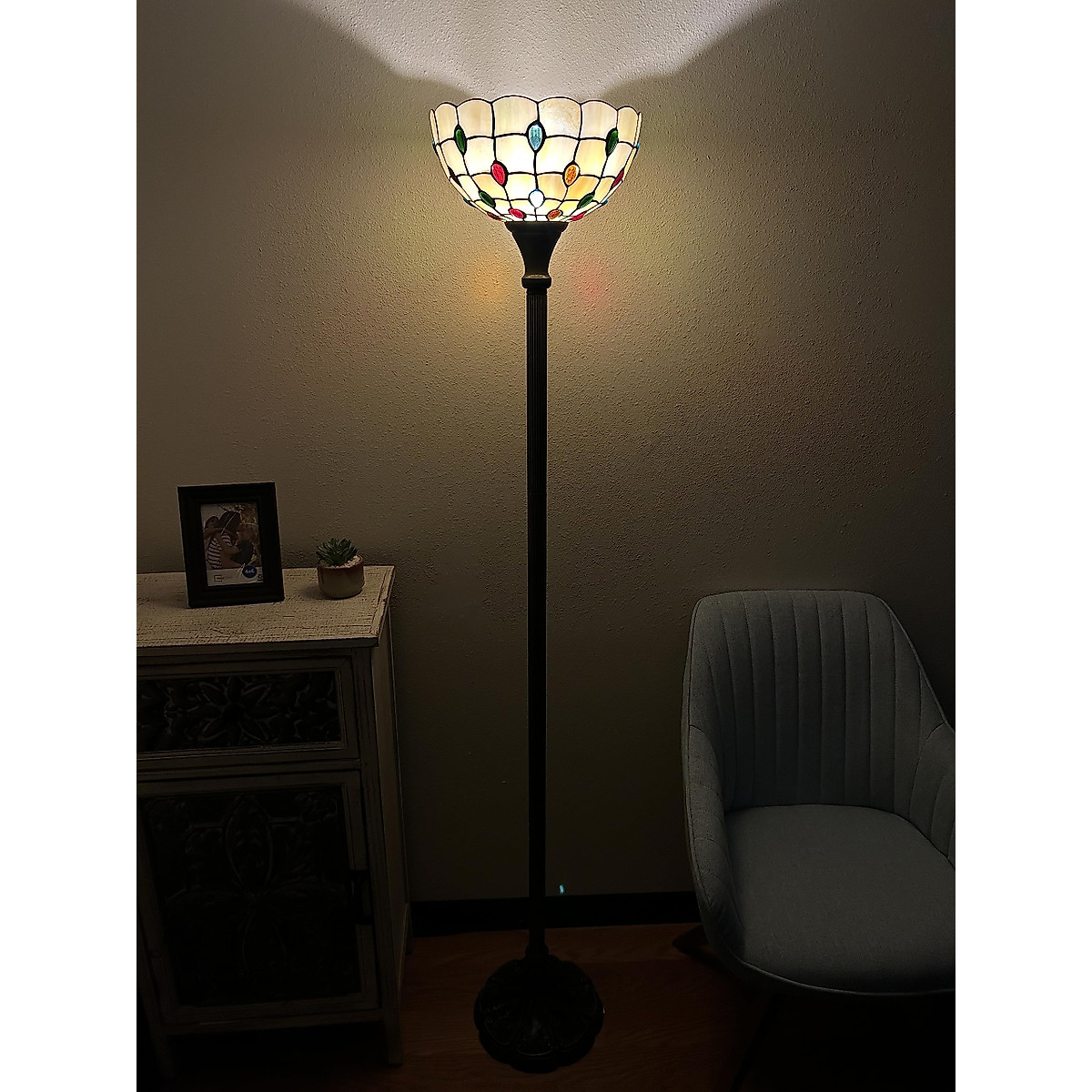 enjoy decor lamps Tiffany Torch Floor Lamp Gold Stained Glass Peacock Tail Crystal Beans LED Bulb Included for Living Room Dining Room Bedroom 12" W*12" D*66" H