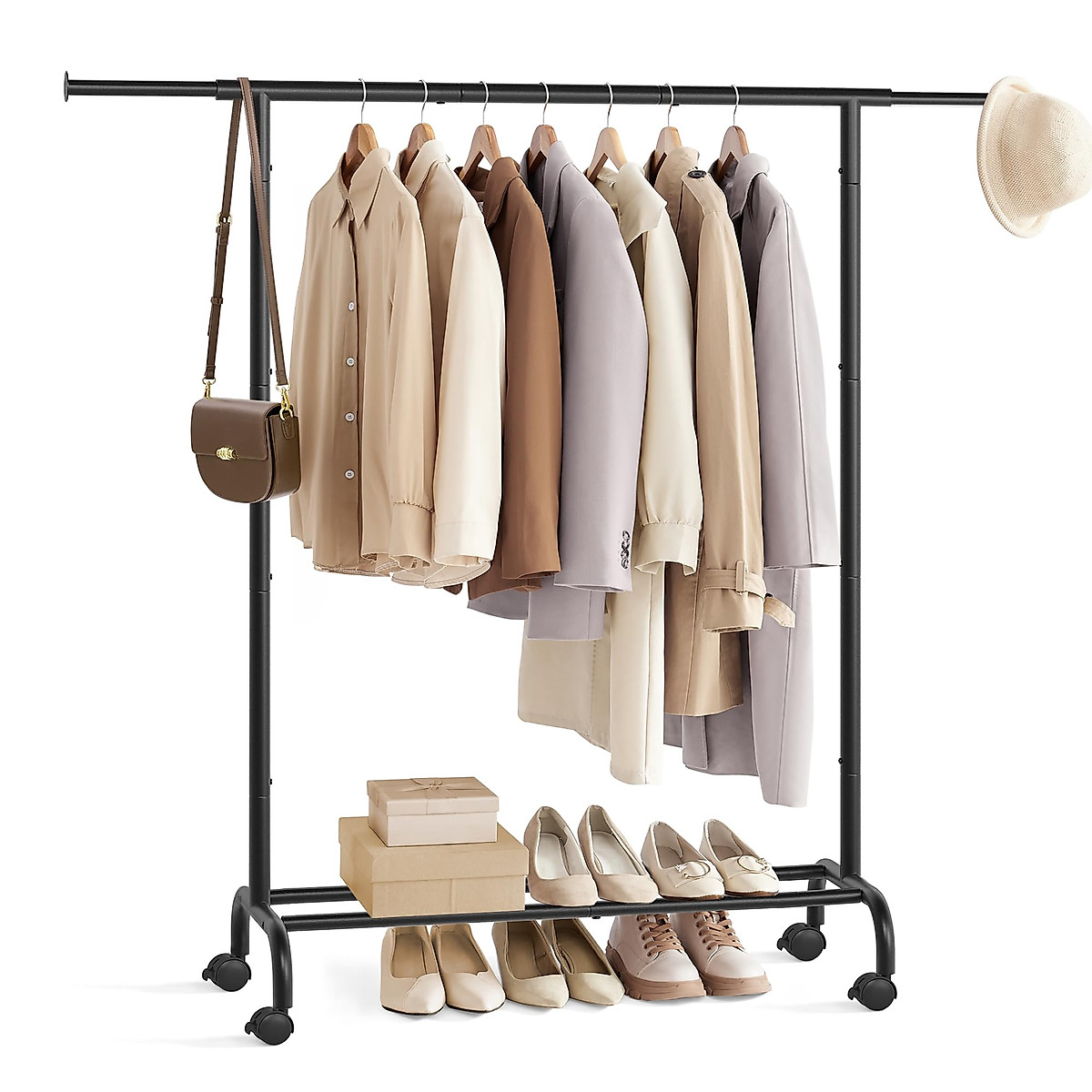 SONGMICS Clothes Rack, Clothing Rack for Hanging Clothes with Wheels, Garment Rack with Extendable Hanging Rail, 99 lb Total Max. Load, 15.7” x 32.7”-47.2” x 61.4”, Ink Black UHSR134B01