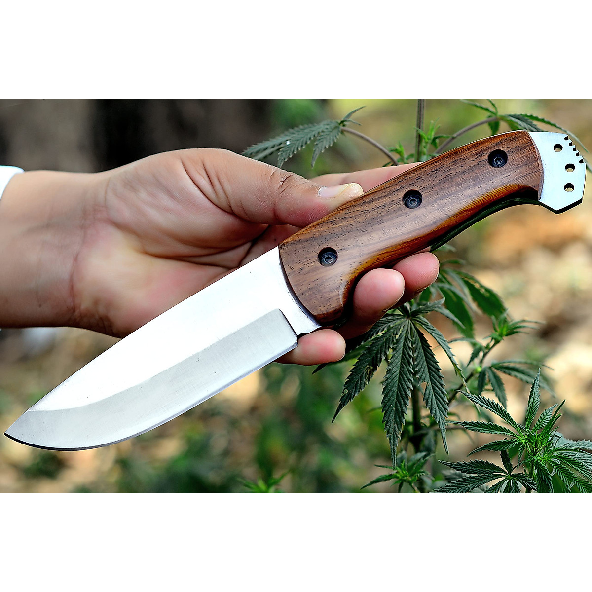 ALZAFASH Bushcraft Knife, Handmade Horizontal Carry Knife with Rosewood Handle, Hunting Knife with Holster, Tracker Knife With Sheath, High Carbon Steel Blade Knife