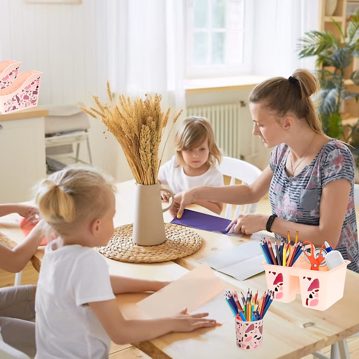 A1 Unlimited Back to School Essentials Bundle, (PEACH) Printed Design Pastel Pencil Cup Craft Caddy Interlocking Book Bin Perfect Storage Organizer Holder for Home Office Classroom with Bonus Item