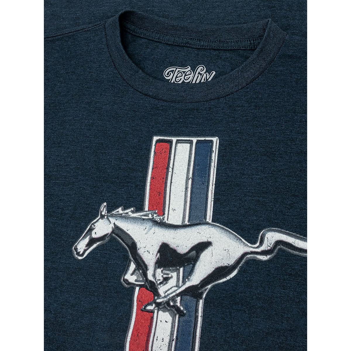 Tee Luv Men's Distressed Ford Mustang Shirt, Navy Heather, L