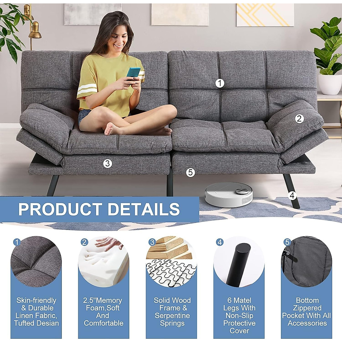 MUUEGM Futon Sofa Bed Couch Sleeper Convertible Memory Foam,Modern Love seat Daybed,Adjustable Armrest Backrest for Living Room,Office,Small Space,Apartment,Dorm,71" Sofabed, Grey-New