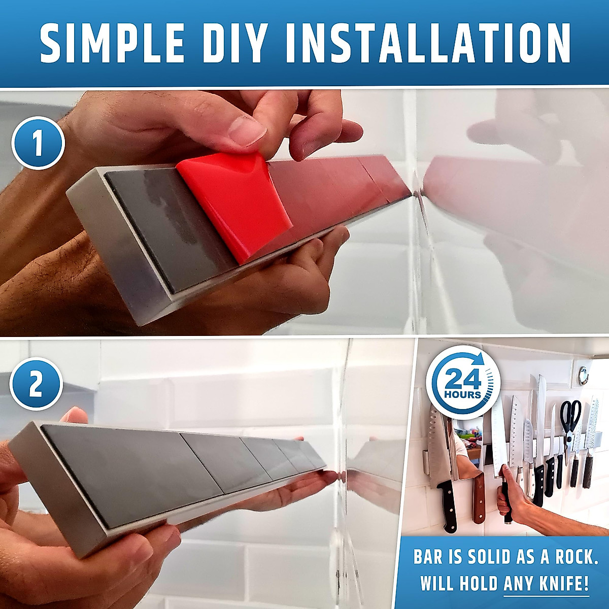 Strong Adhesive (No Drill) Magnetic Knife Holder for Wall - Professional 24 Inch Knife Strip - No Screws Needed - Adhesive Backing - Stainless Steel Knife Bar (Upgraded Version – Will Not Fall)