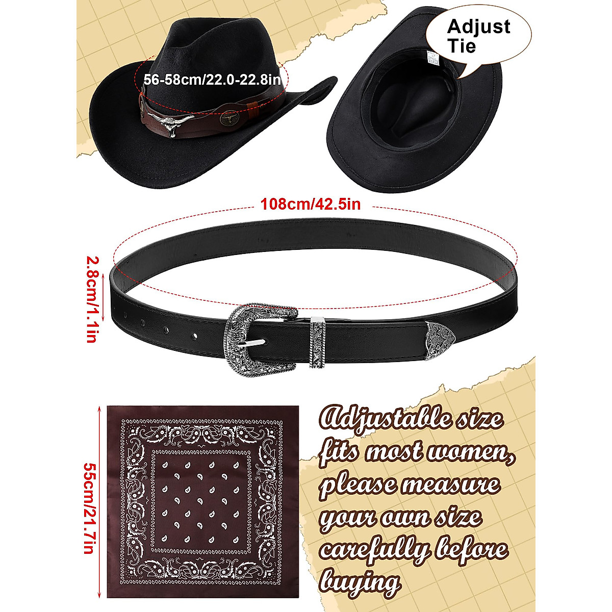 Hercicy Western Outfits for Women Cowgirl Tassel Sleeveless Vest Cowboy Hat Belt and Paisley Bandana for Halloween Dress Up (Black, Medium)