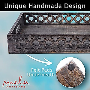 Mela Artisans Farmhouse & TV Ottoman Wooden Serving Tray - Large, Trellis Blackwash | Decorative Mango Wood | Serve Breakfast, Other Foods, Coffee and Tea | Rustic Home Decor | 20" x 14” x 2.5”
