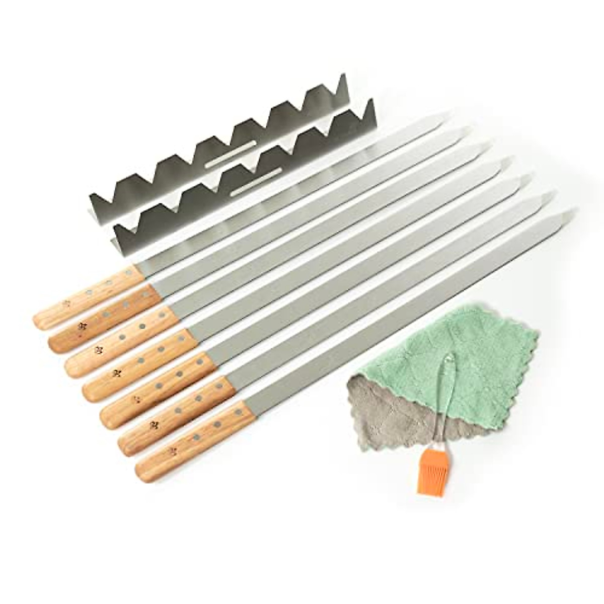 SETAMA Stainless Steel Kabob Skewers - Set of 7 - Flat 1 Inch Wide Blades - Rust Proof - 7 Piece Koobideh/Persian/Brazilian Kebab Skewer and Rack Set - With Basting Brush, Cloth & Storage Bags