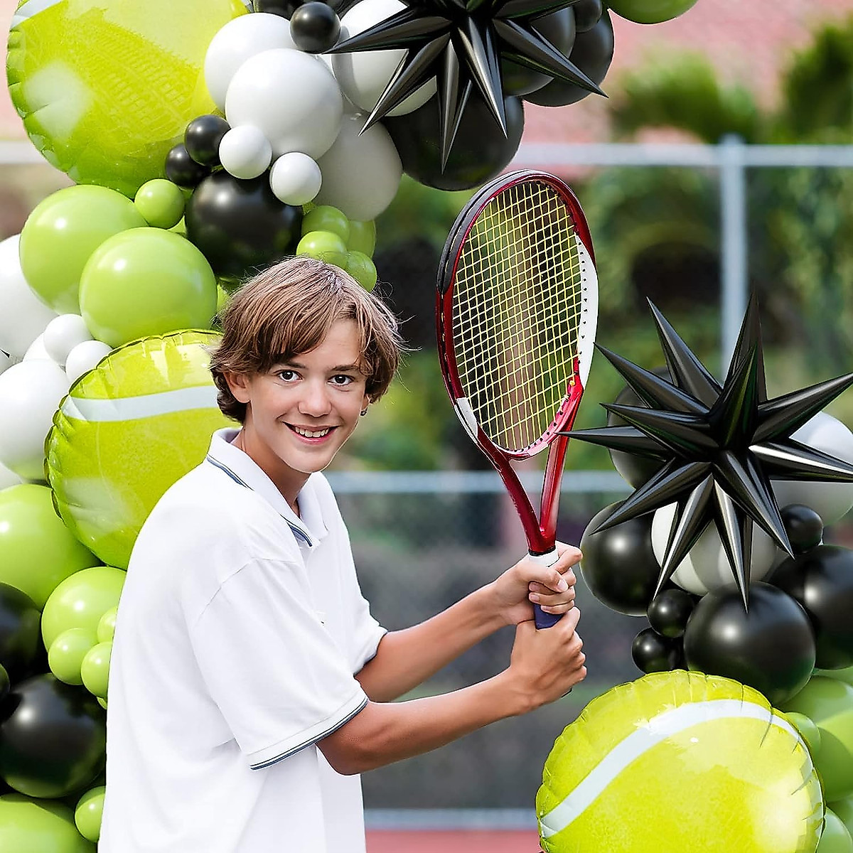 JINNYWOO Tennis Balloon Arch Garland Kit, 103Pcs Tennis Party Balloons Green Black Balloon Garland for Boys Girls Birthday Party Sports Party Gender Reveal Graduation with 4D Starburst Balloons