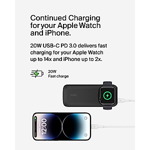 Belkin Wireless Charger Apple Watch Power Bank 10K with 12-inch USB-C to USB-C Cable, 33% Faster Charging - Simultaneous Charging for Apple Watch Series 9, iPhone 15, and More - 20W USB-C PD - Black