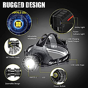 LED Rechargeable Headlamp 90000 High Lumen, XPH70 Brightest LED Work Headlight Zoomable, Waterproof, 90° Adjustable, 5 Modes Lightweight Head Lamp for Adult Camping, Hard Hat, Hunting