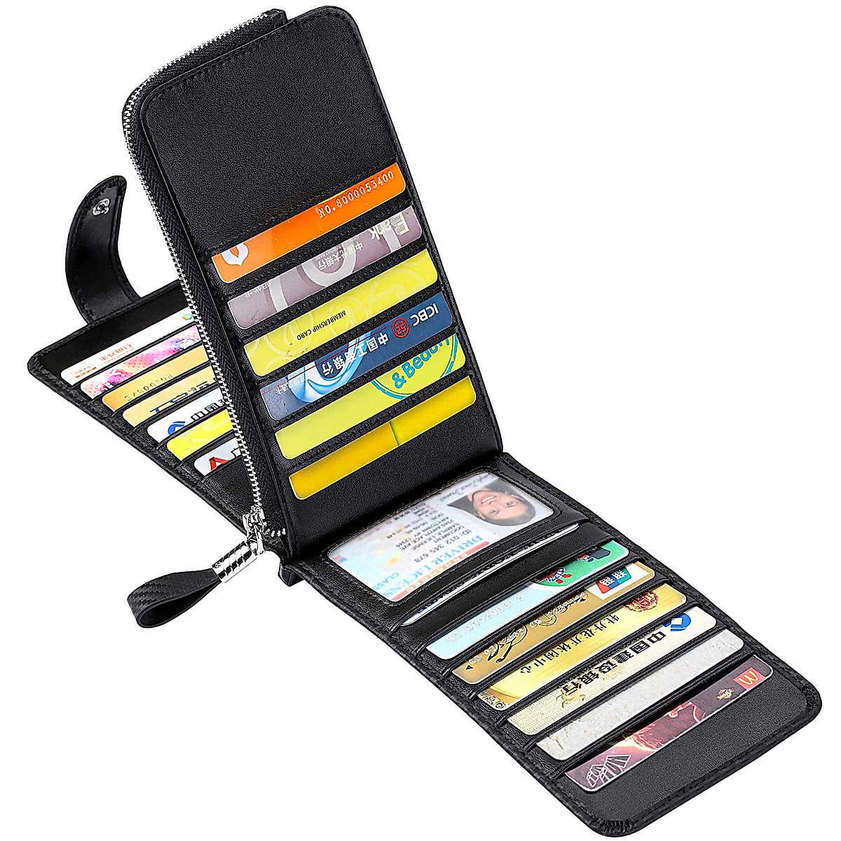 Huztencor Wallets for Men Women Slim RFID Blocking Genuine Leather Credit Card Holder Long Wallets Bifold Billfolds Passport Travel Wallet Checkbook Cover Carbon Fiber Black