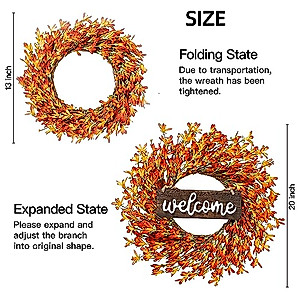 Sggvecsy Artificial Fall Wreath 20’’ Autumn Front Door Wreath Harvest Wreath with Forsythia Flowers Orange Berries Welcome Sign for Outside Indoor Wall Window Festival Thanksgiving Fall Autumn Decor