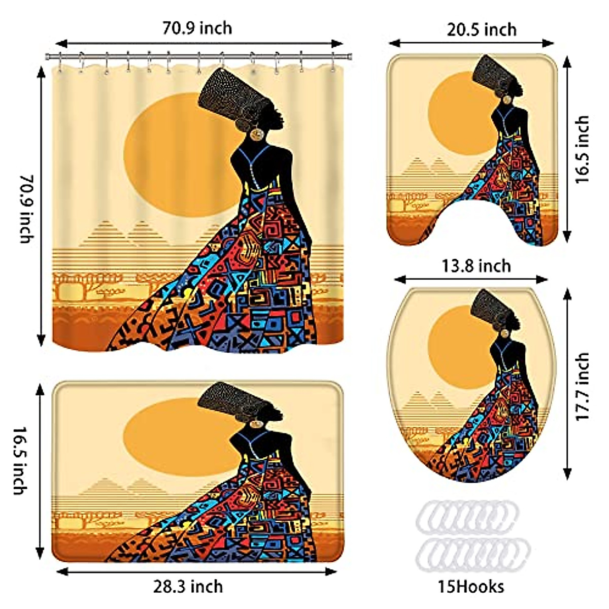 4PCS African American Woman Shower Curtain Set for Bathroom with Rugs and Accessories Sets Include Black Girl Bathroom Shower Curtain Set & 3 Non-Slip Bath Mat (Yellow)