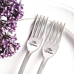Personalized Reusable Silverware Sets for Bride and Groom, Engraved Mr and Mrs Forks for Wedding Cake Ceremony, Engagement Bridal Shower Anniversary Birthday Congratulations Gifts