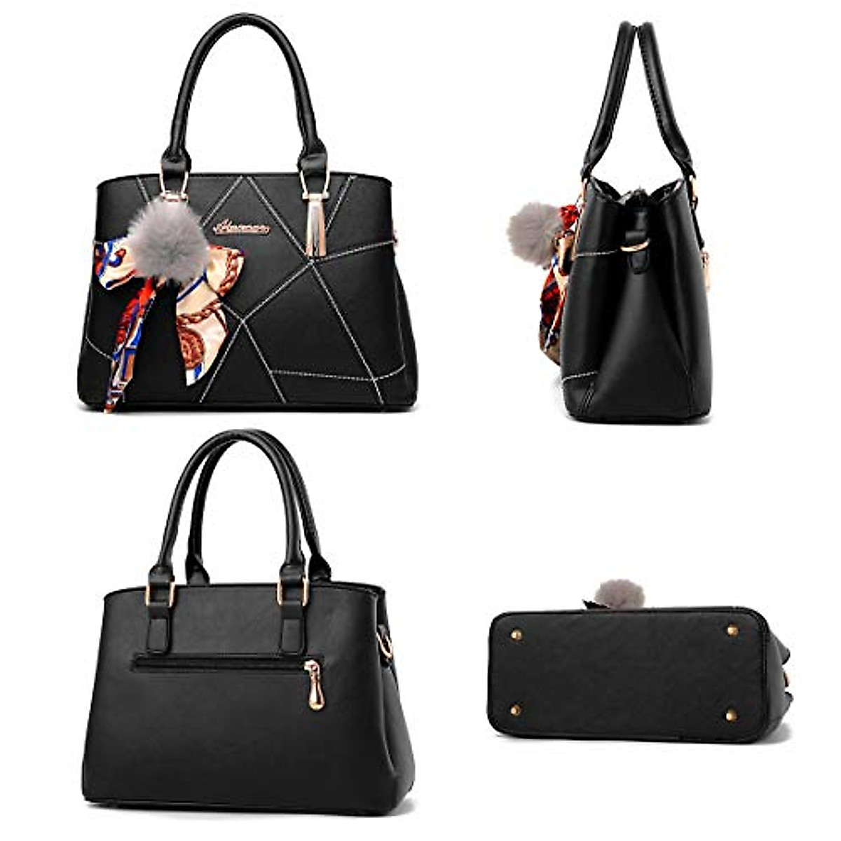 SMALLBLUER Top-handle Handbags Purse Soft PU Leather Crossbody Shoulder Bag Satchel with Bowknot Plush Ball Pendant-Beige