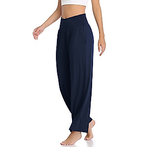 TARSE Womens Wide Leg Pants Plus Size High Waist Yoga Sweatpants Casual Loose Lounge Palazzo Pants Pockets(Navy,XL)